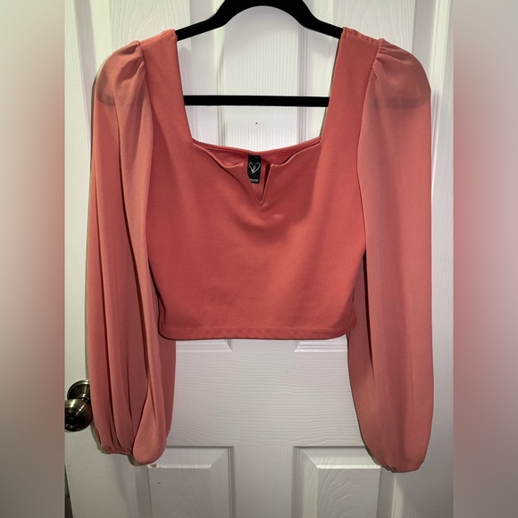 Windsor | Tops | Peach Crop Top With Sheer Sleeves | Poshmark